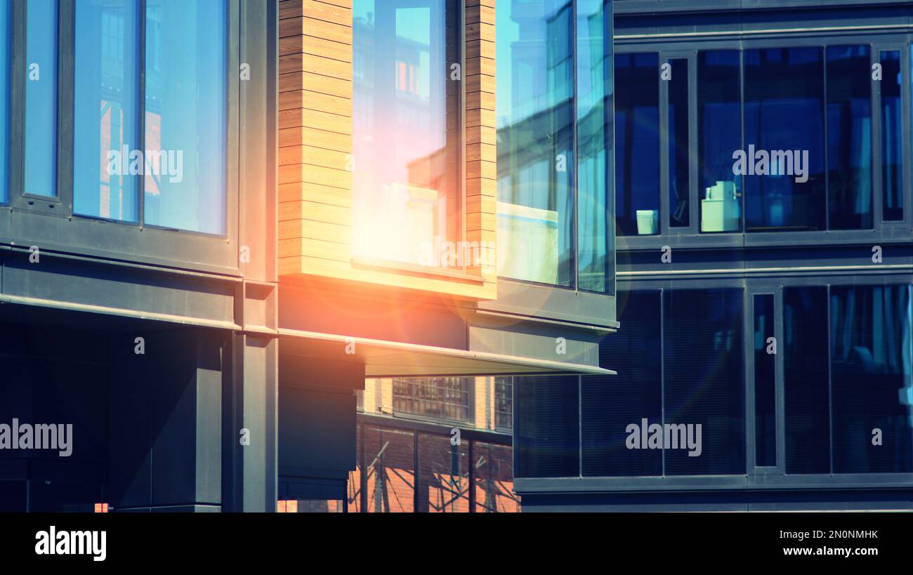 Modern office building facade abstract fragment, shiny windows in steel ...