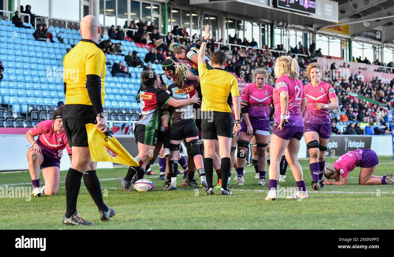 Twickenham, stoop ENGLAND : Emily Chancellor of Harlequins celebrates a ...