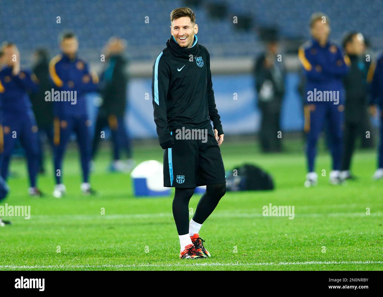 FC Barcelona’s Lionel Messi smiles during a practice session in ...