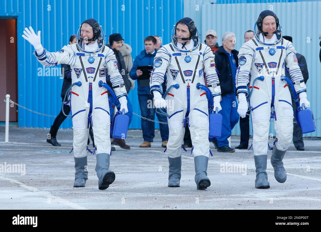 British astronaut Tim Peake, left, Russian cosmonaut Yuri Malenchenko ...