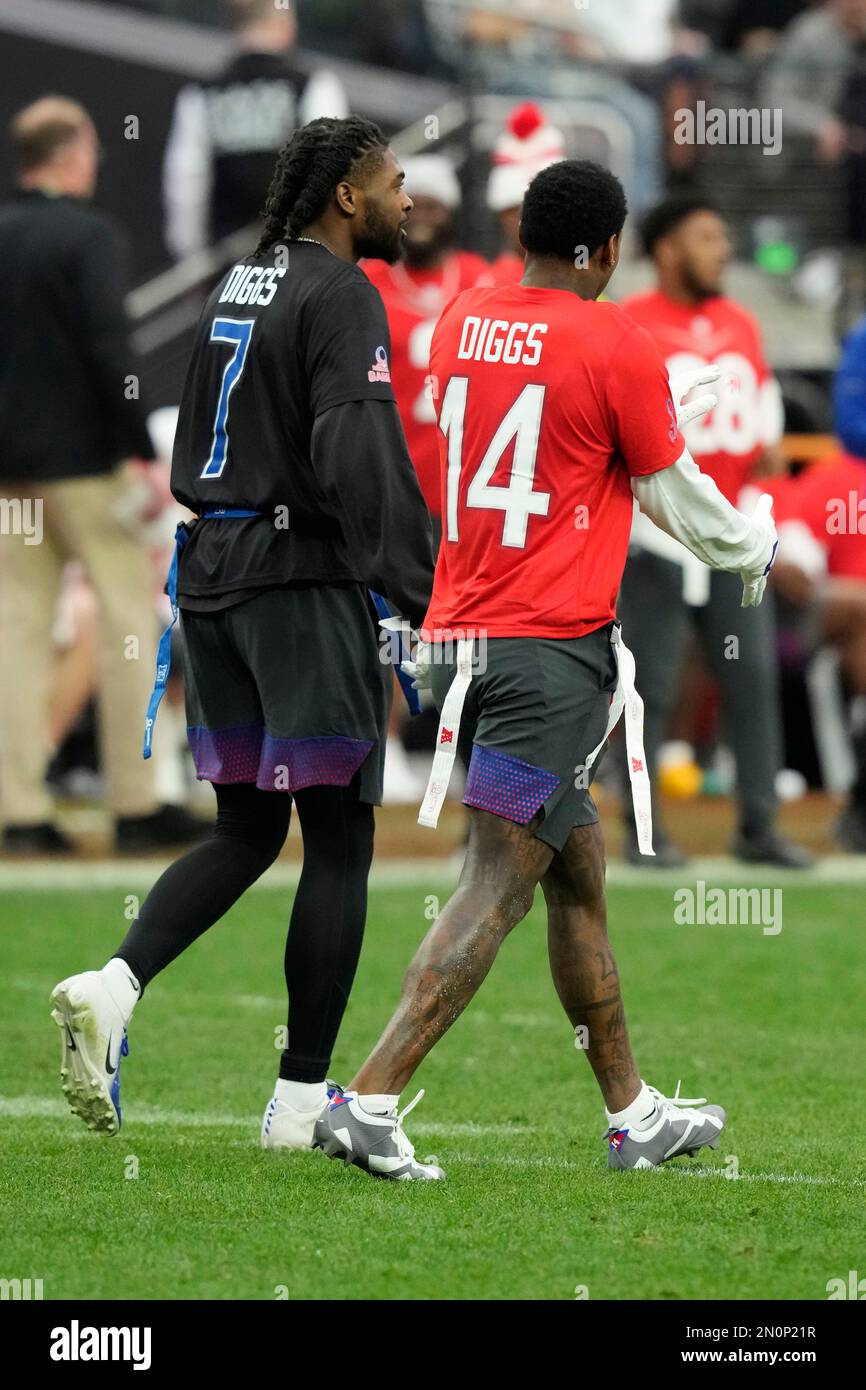 NFC cornerback Trevon Diggs (7) of the Dallas Cowboys interacts with ...