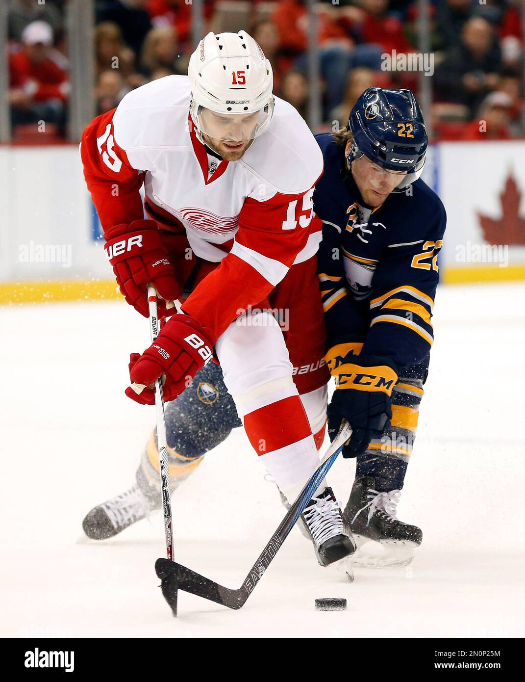 Detroit Red Wings center Riley Sheahan, left, and Buffalo Sabres left ...