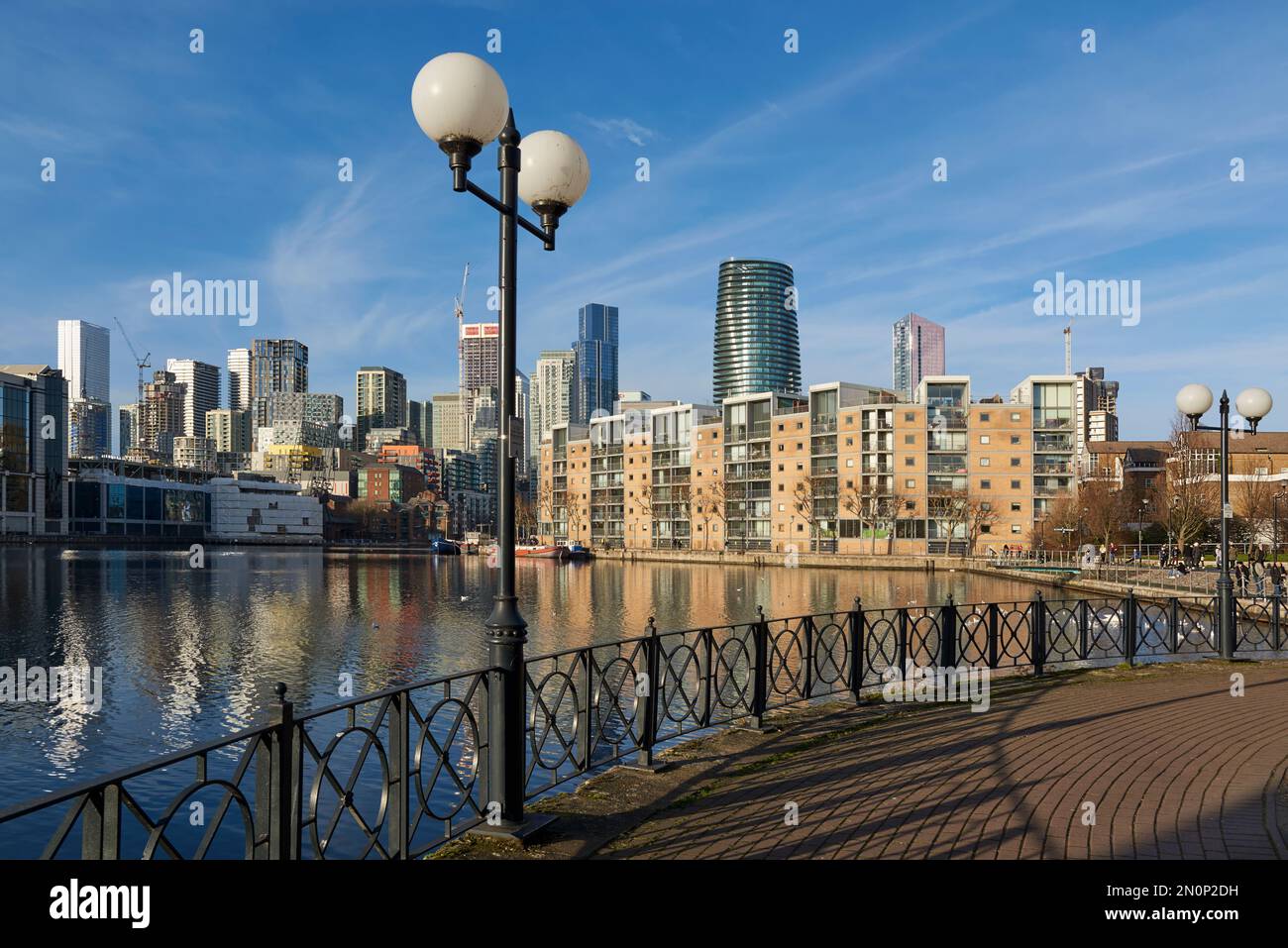 Millwall Outer Dock in London's Docklands, UK, looking north towards ...