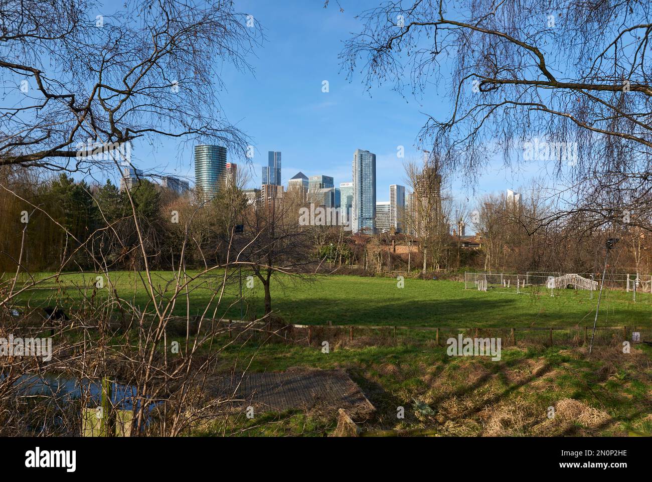 Canary Wharf skyline, London Docklands UK, viewed from Mudshute Farm ...