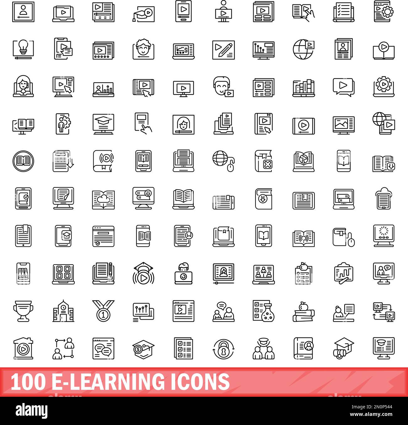 100 e-learning icons set. Outline illustration of 100 e-learning icons vector set isolated on ...