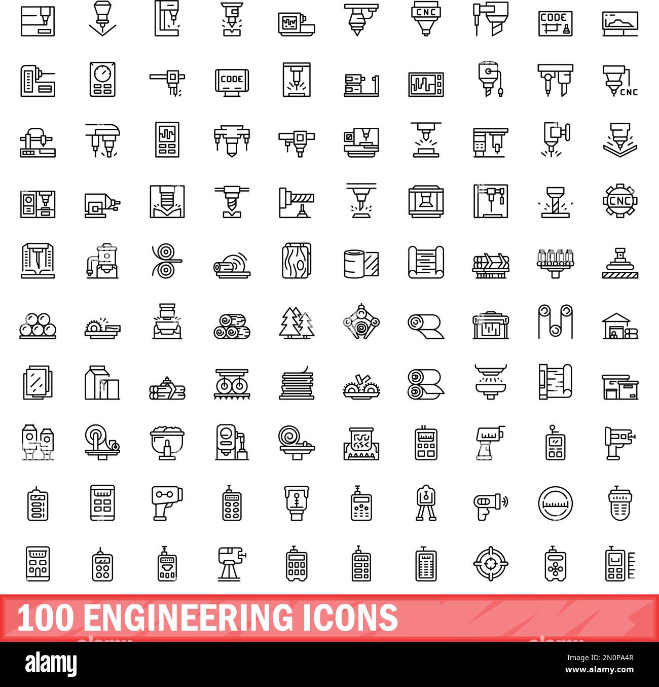 100 engineering icons set. Outline illustration of 100 engineering ...
