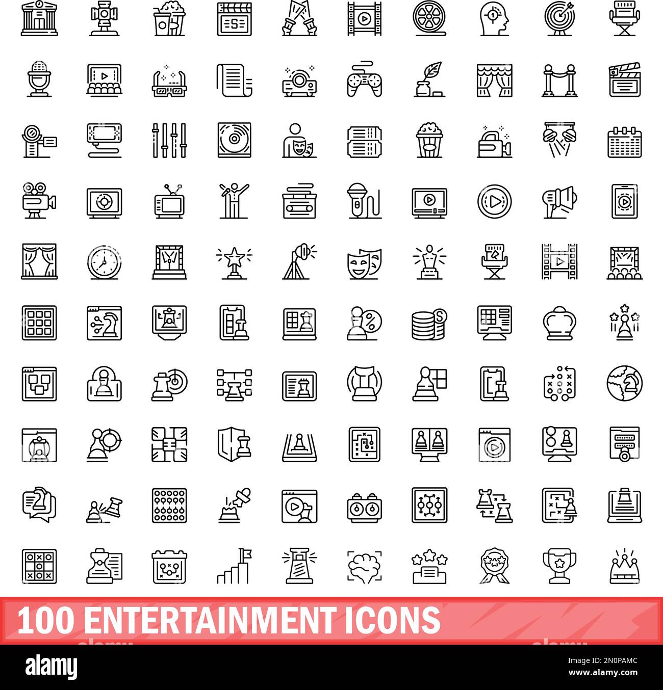 100 entertainment icons set. Outline illustration of 100 entertainment icons vector set isolated ...