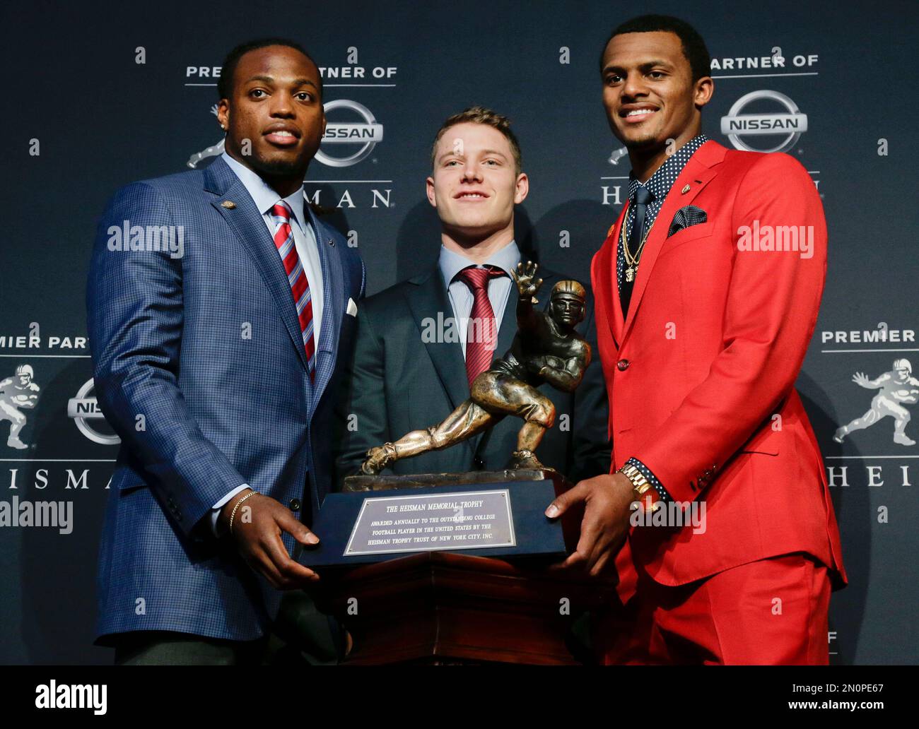 Heisman Trophy finalists, from left, Alabama's Derrick Henry, Stanford ...