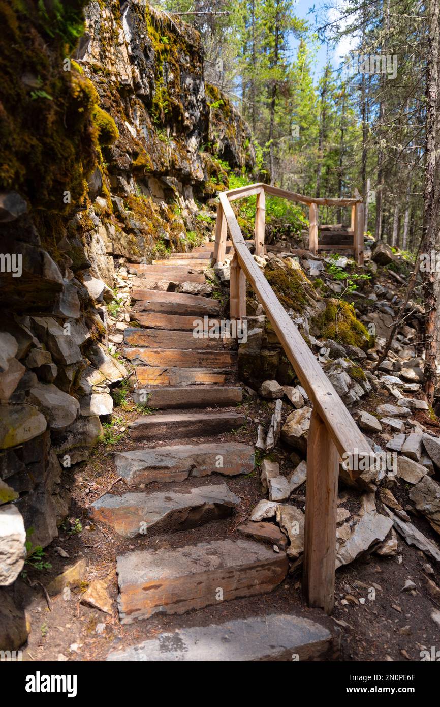 Forest Staircase built into a cliffside in the mountains. Troll Falls ...