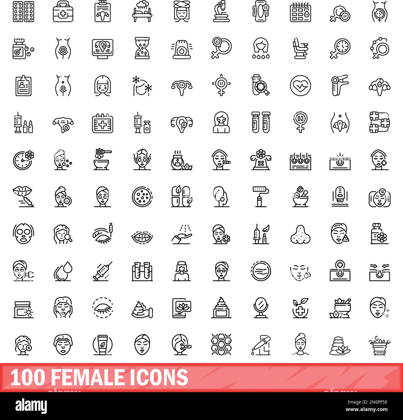 100 female icons set. Outline illustration of 100 female icons vector ...