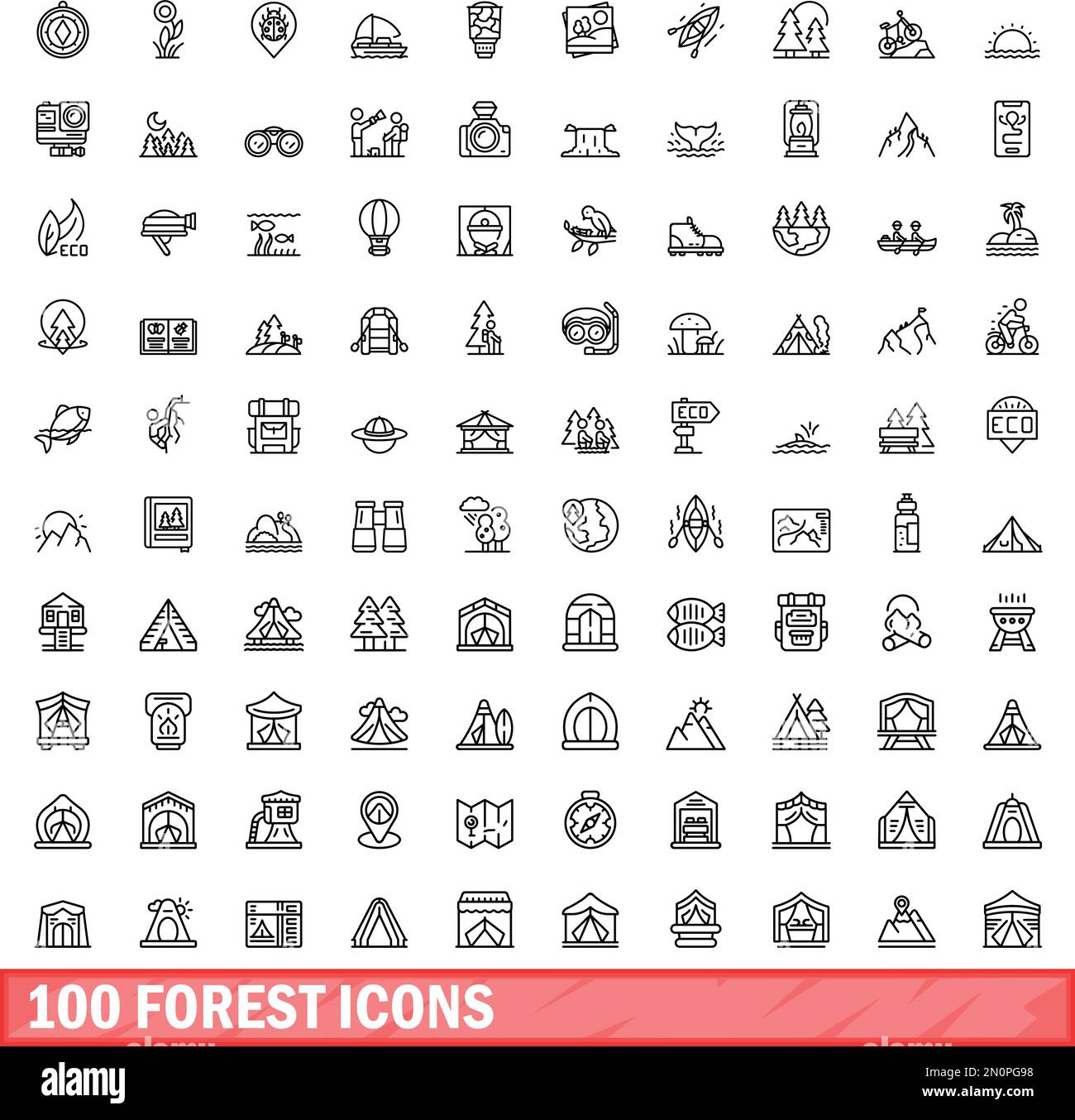 100 forest icons set. Outline illustration of 100 forest icons vector set isolated on white ...