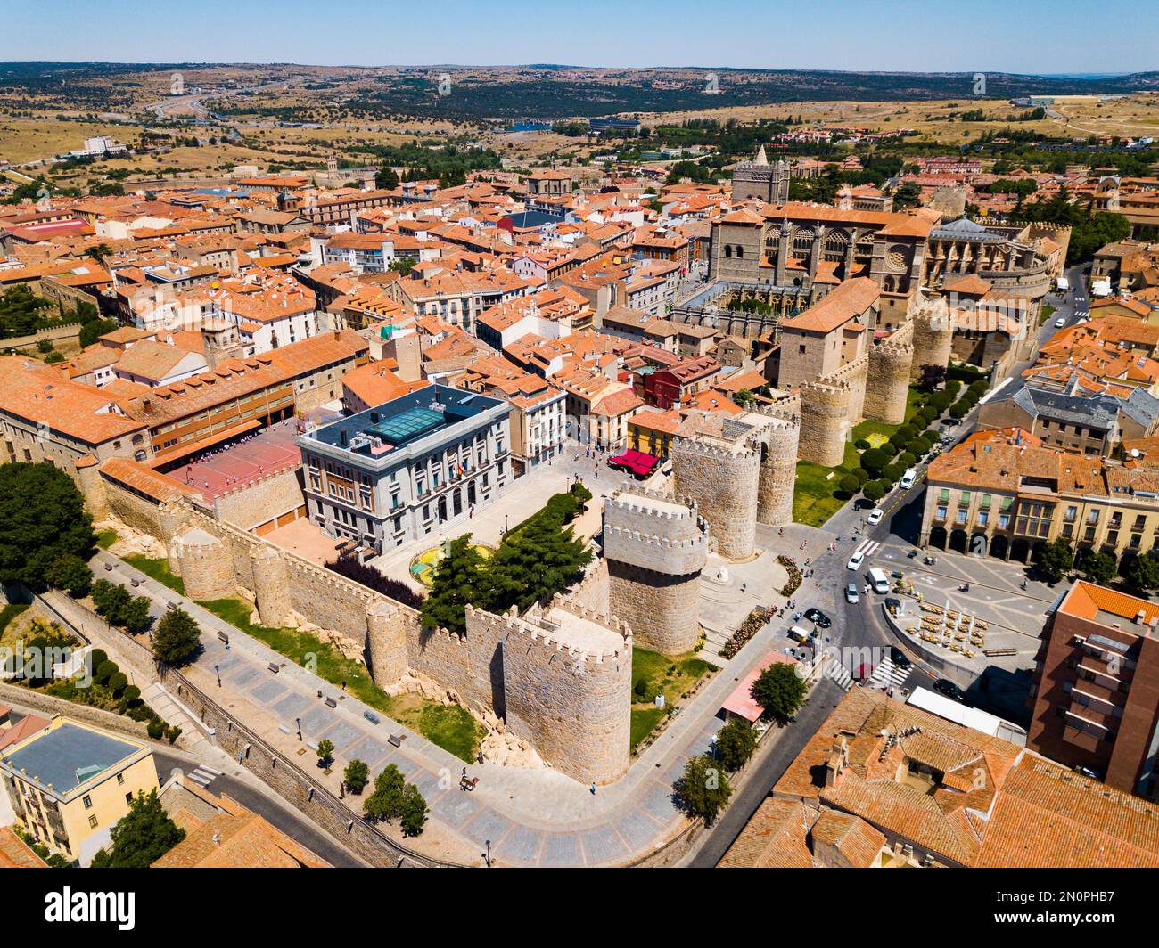 View from drone of fortified city of Avila with Cathedral Stock Photo ...