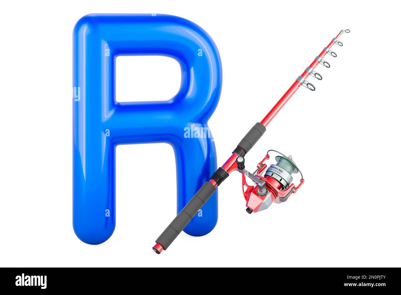 Kids ABC, Letter R with fishing rod. 3D rendering isolated on white ...