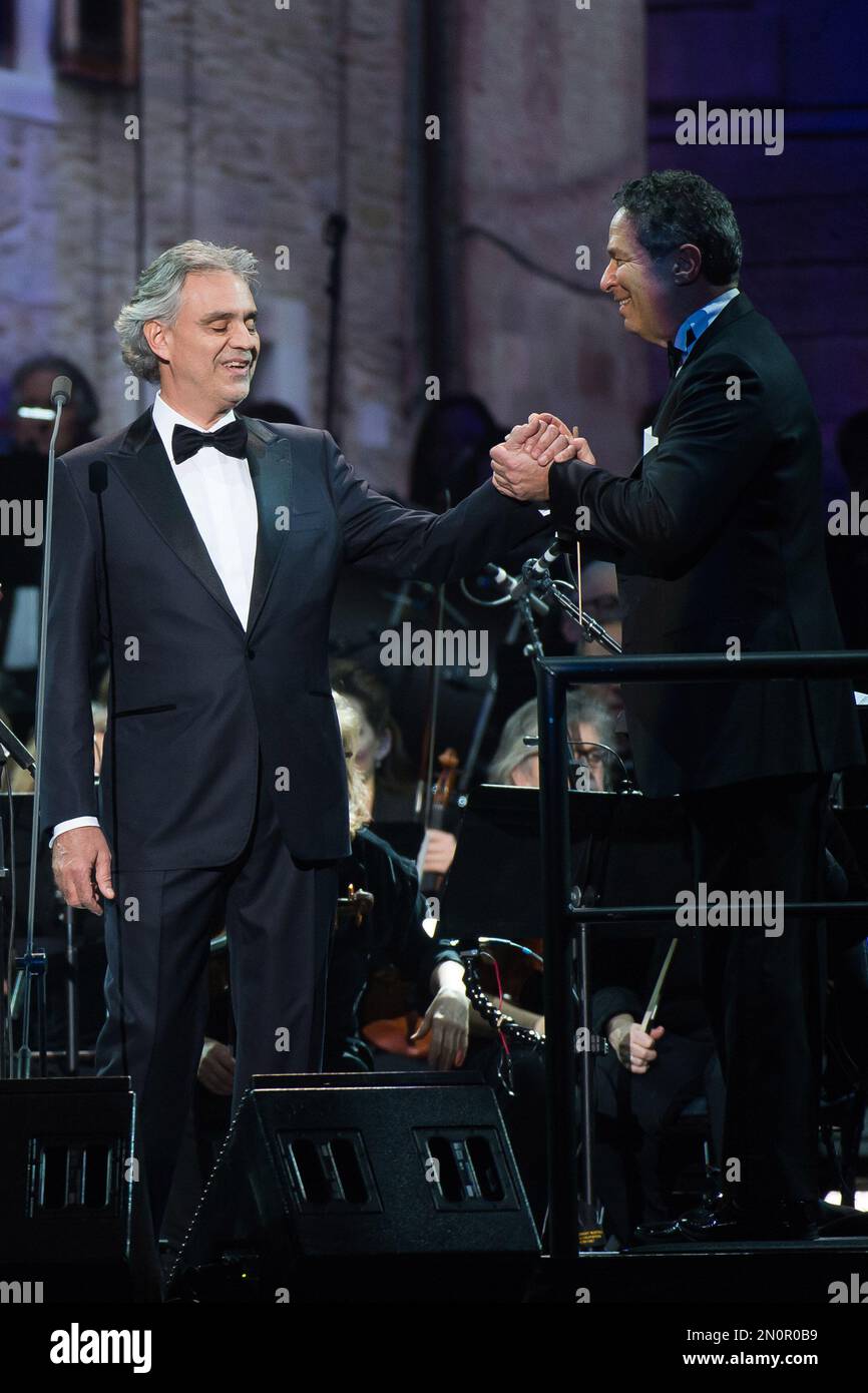Andrea Bocelli, left, and conductor Eugene Kohn perform in concert to ...