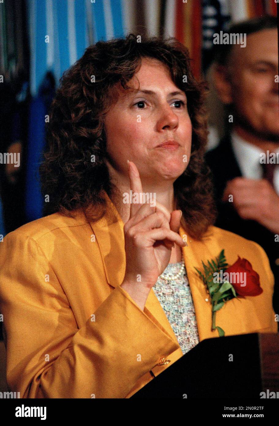 Sharon Christa McAuliffe, a Concord, N.H. school teacher, makes a point ...