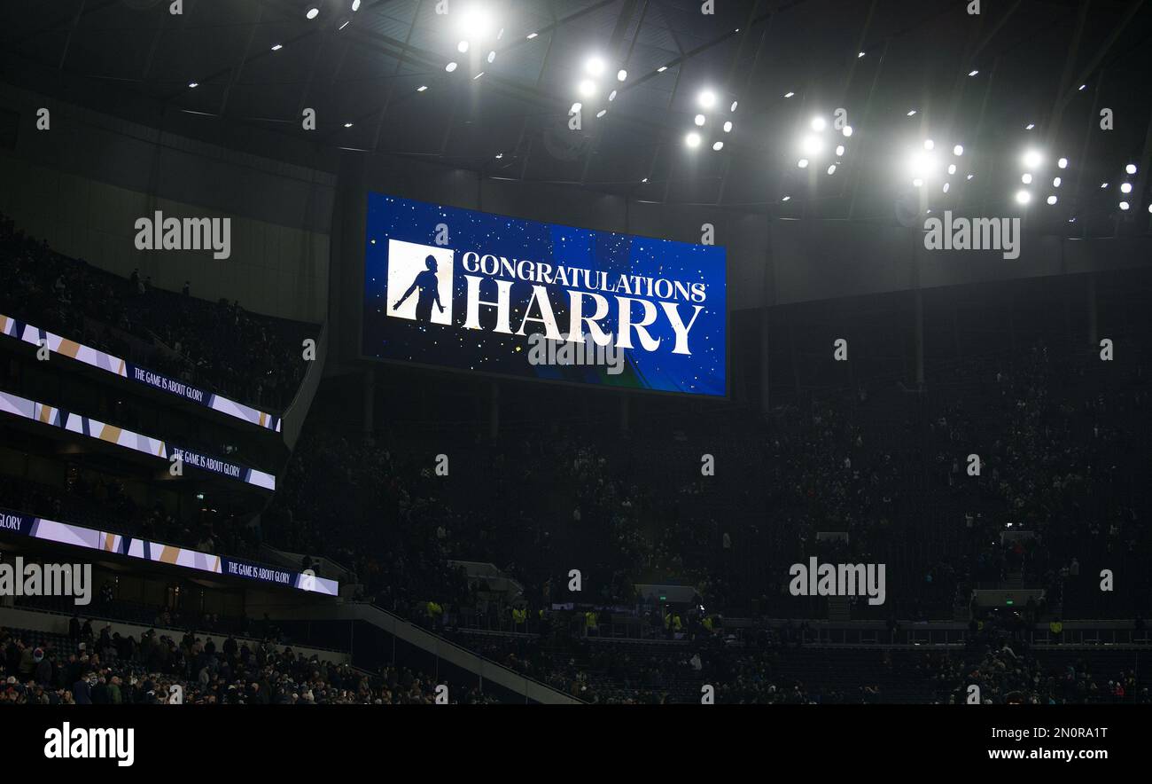 The LED screen at Tottenham Hotspur Stadium shows a message to Harry ...