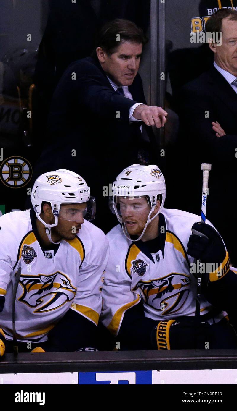 Nashville Predators head coach Peter Laviolette calls to his players ...