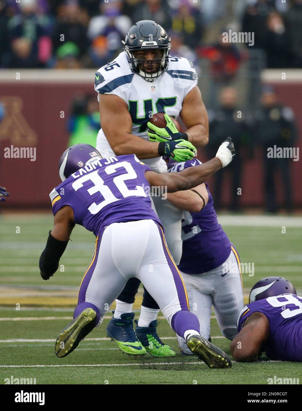 Seattle Seahawks fullback Will Tukuafu (46) is stopped against the ...