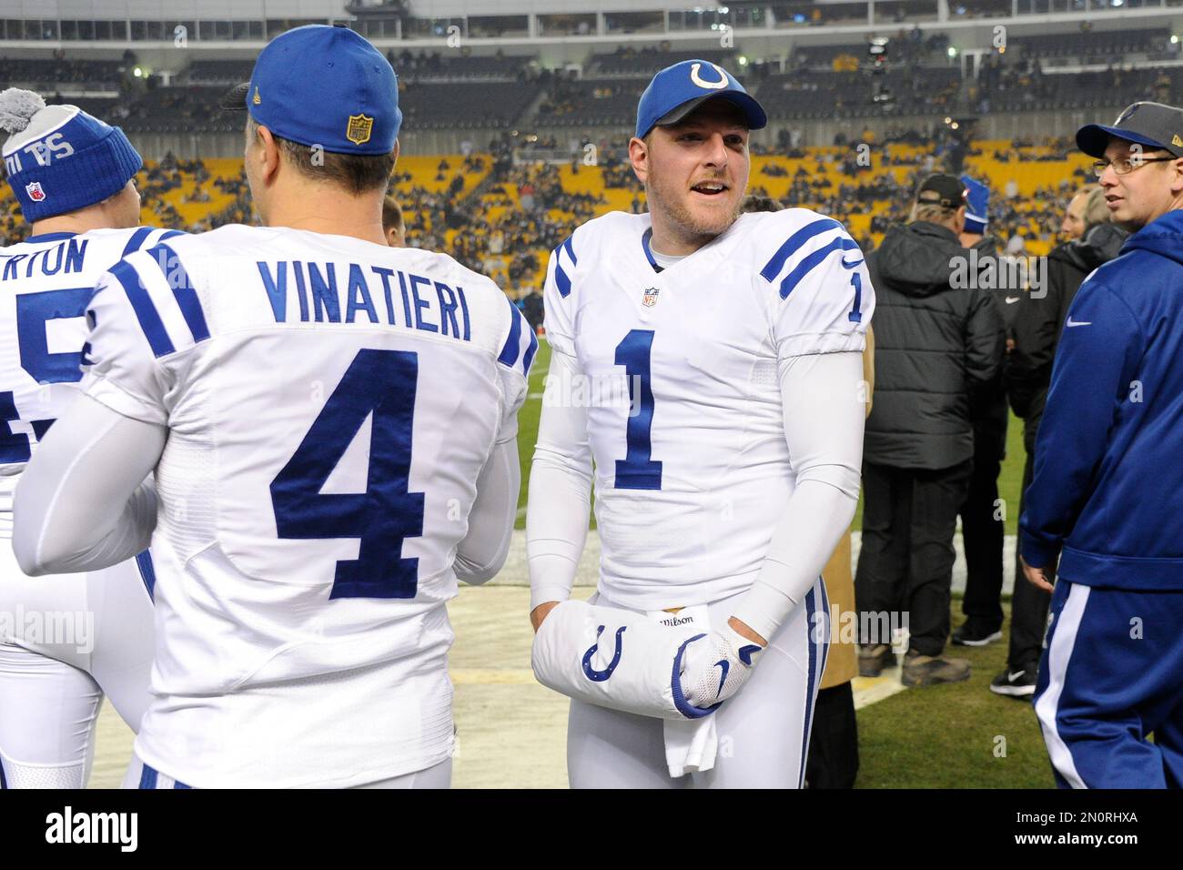 Indianapolis Colts punter Pat McAfee (1) an Indianapolis Colts kicker ...