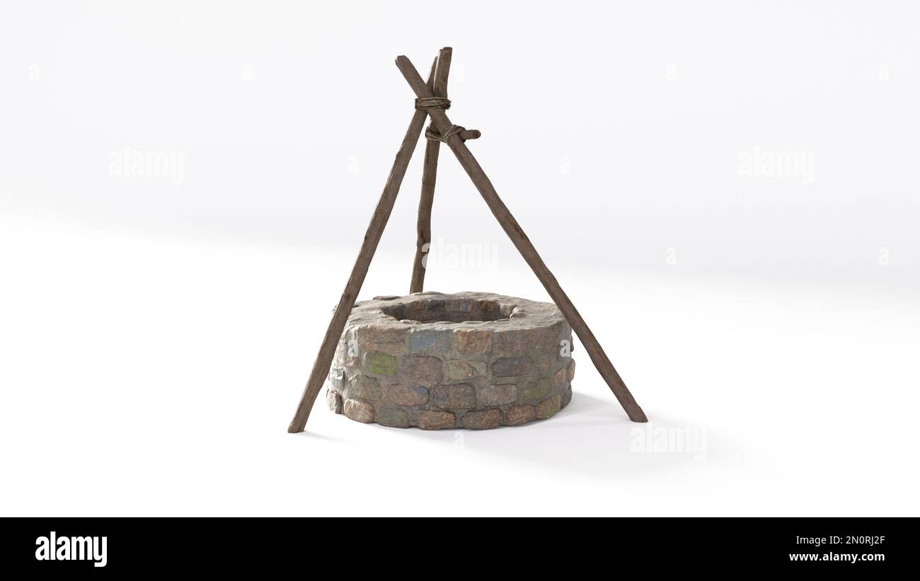 Ancient and magical wishing well, build with wooden logs and strands ...