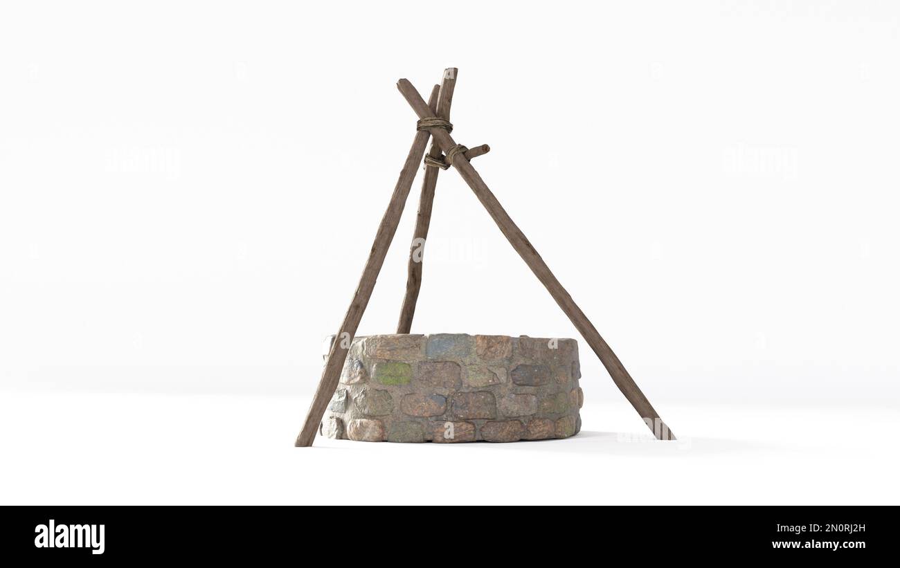 Ancient and magical wishing well, build with wooden logs and strands ...