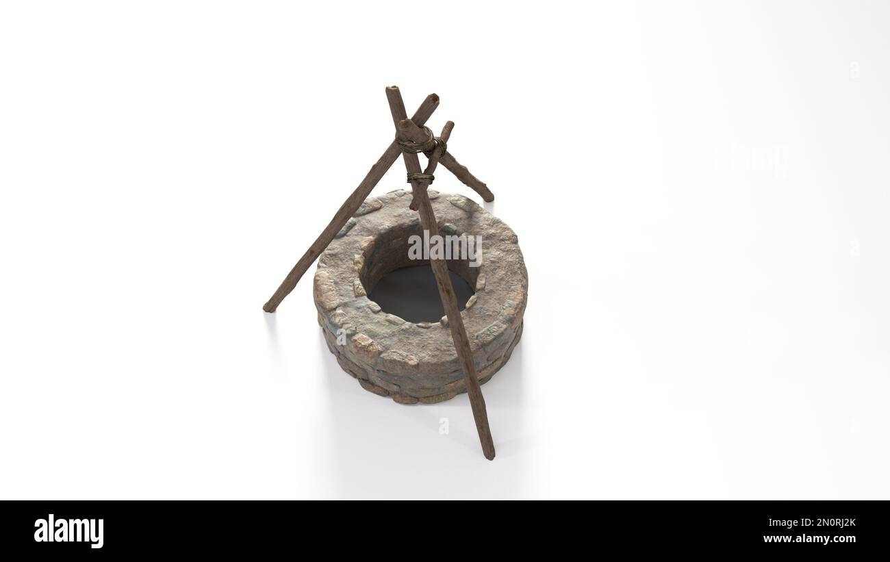 Ancient and magical wishing well, build with wooden logs and strands ...