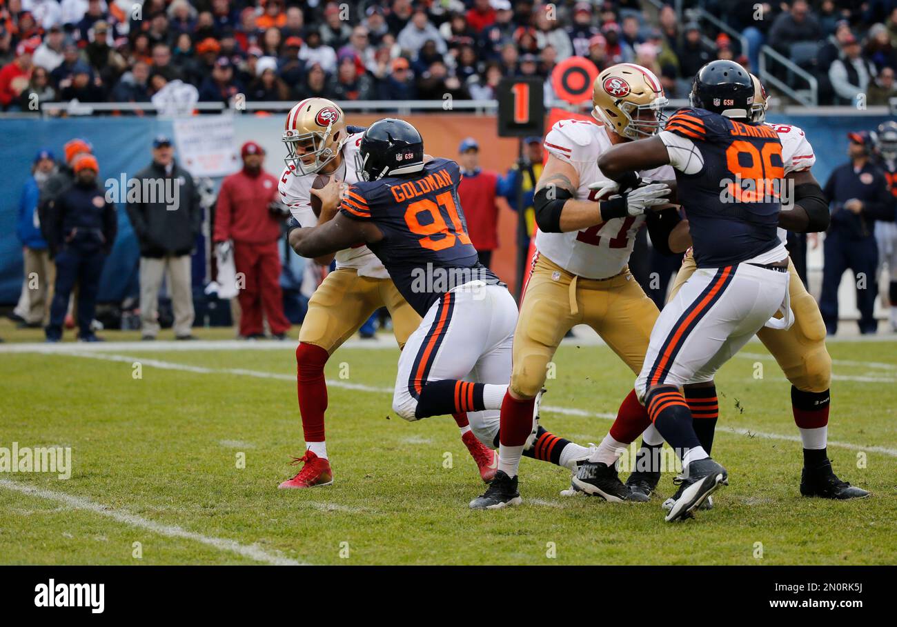 San Francisco 49ers quarterback Blaine Gabbert (2) is sacked by Chicago ...