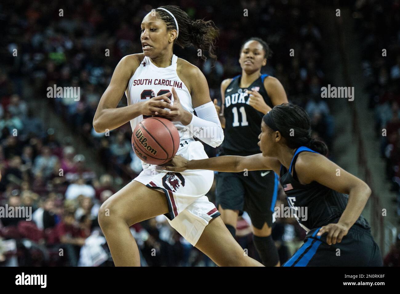 Duke guard Kyra Lambert, right, strips the ball from South Carolina ...