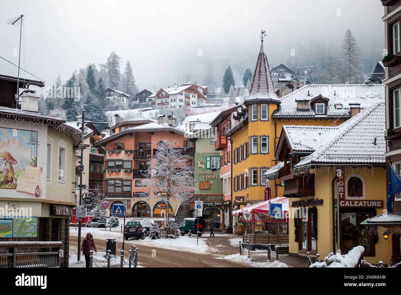 Moena, Dolomites, Italy, January 16th 2023. Village center covered with ...