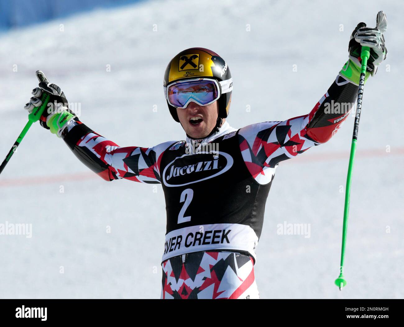 Austria's Marcel Hirscher celebrates after finishing his second run ...