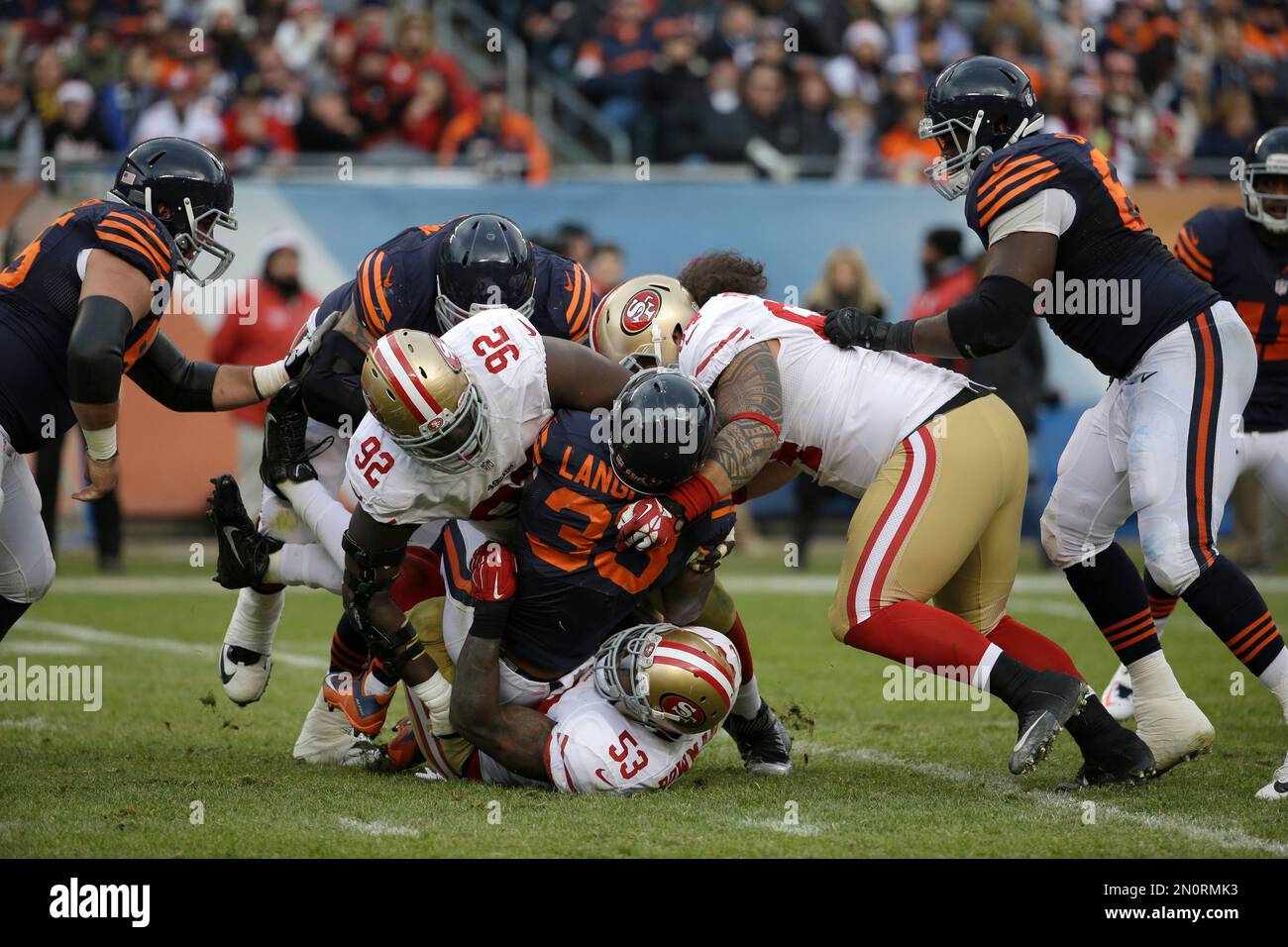 Chicago Bears running back Jeremy Langford (33) is tackled by San ...