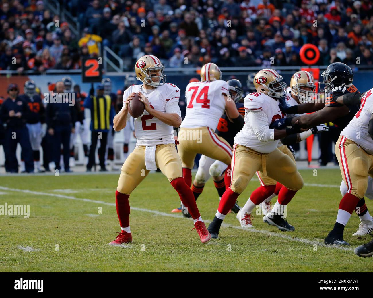 San Francisco 49ers quarterback Blaine Gabbert (2) looks for a receiver ...