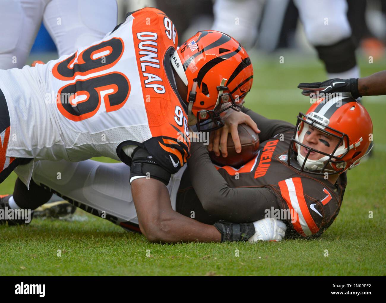 Cleveland Browns quarterback Austin Davis (7) is tackled by Cincinnati ...