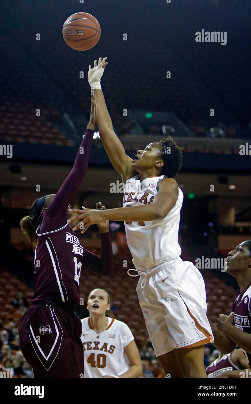 Texas center Imani Boyette, right, shoots over Mississippi State ...