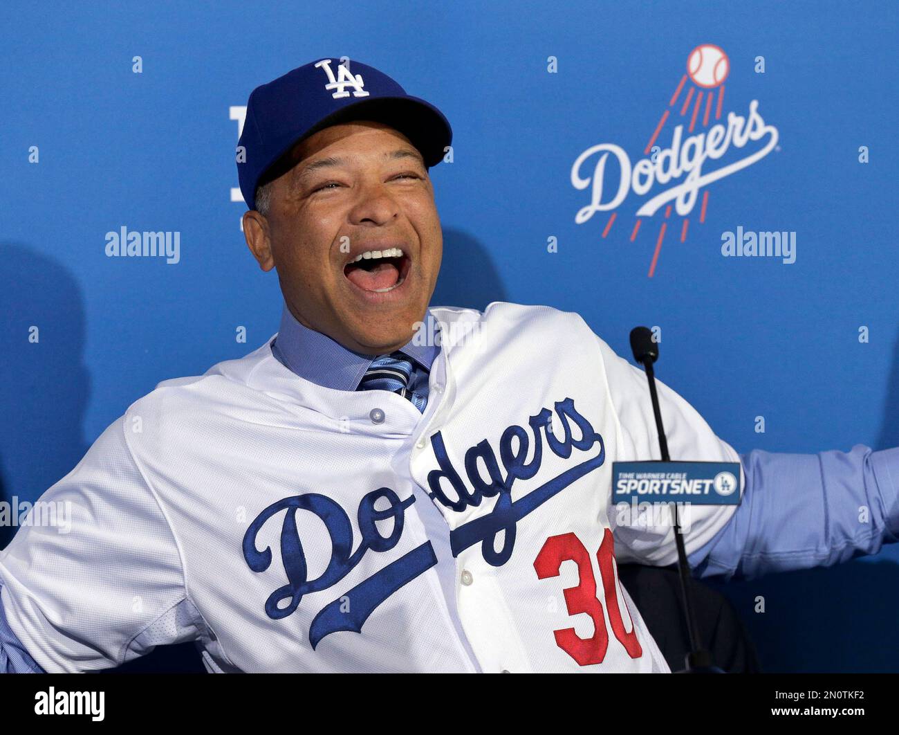 Los Angeles Dodgers Dave Roberts smiles as he is officially introduced ...