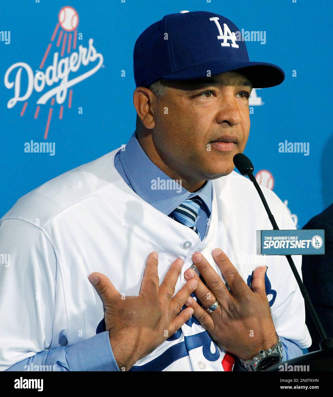 Los Angeles Dodgers Dave Roberts takes questions from the media as he ...