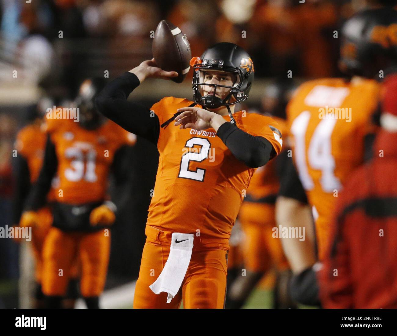 Oklahoma State quarterback Mason Rudolph (2) throws before an NCAA ...