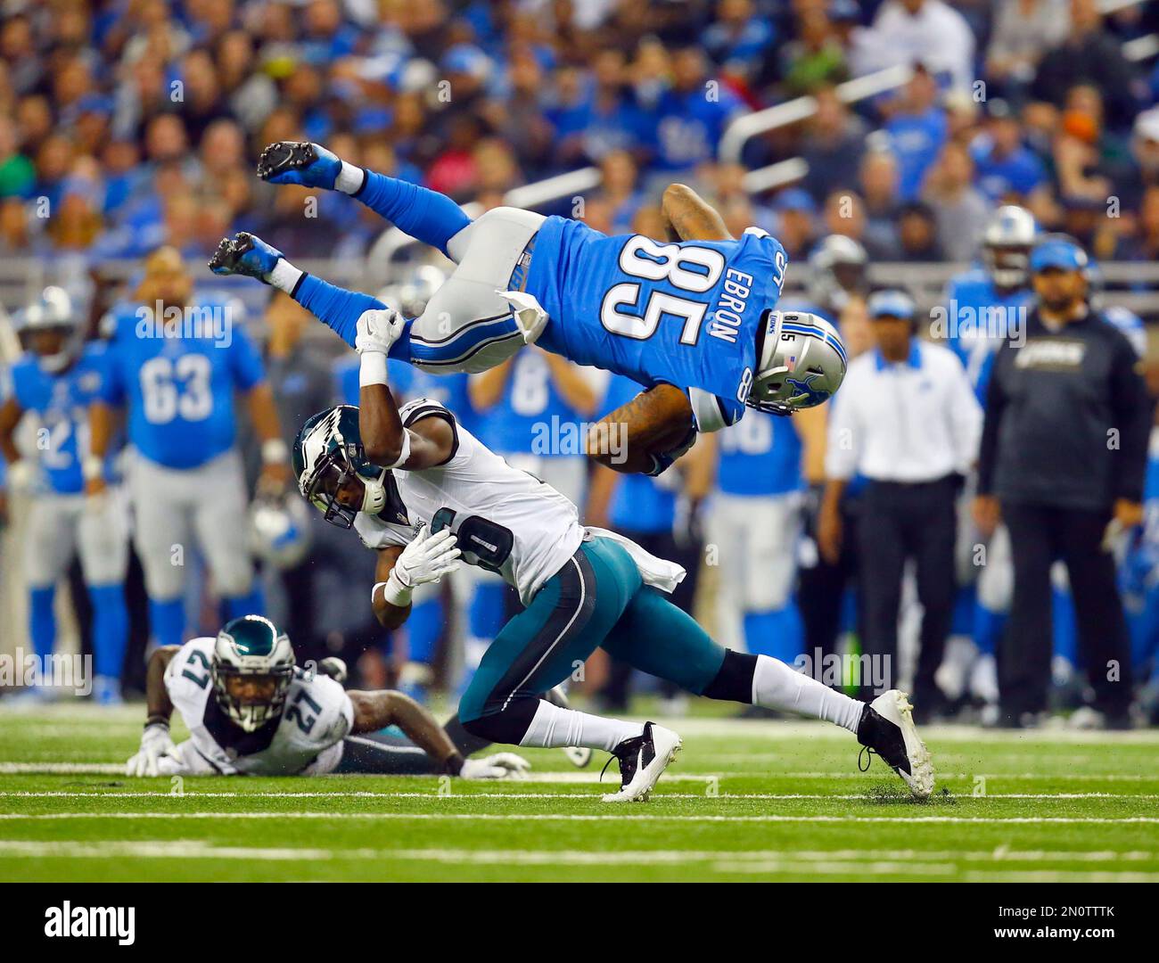 Detroit Lions tight end Eric Ebron (85) is upended by Philadelphia ...