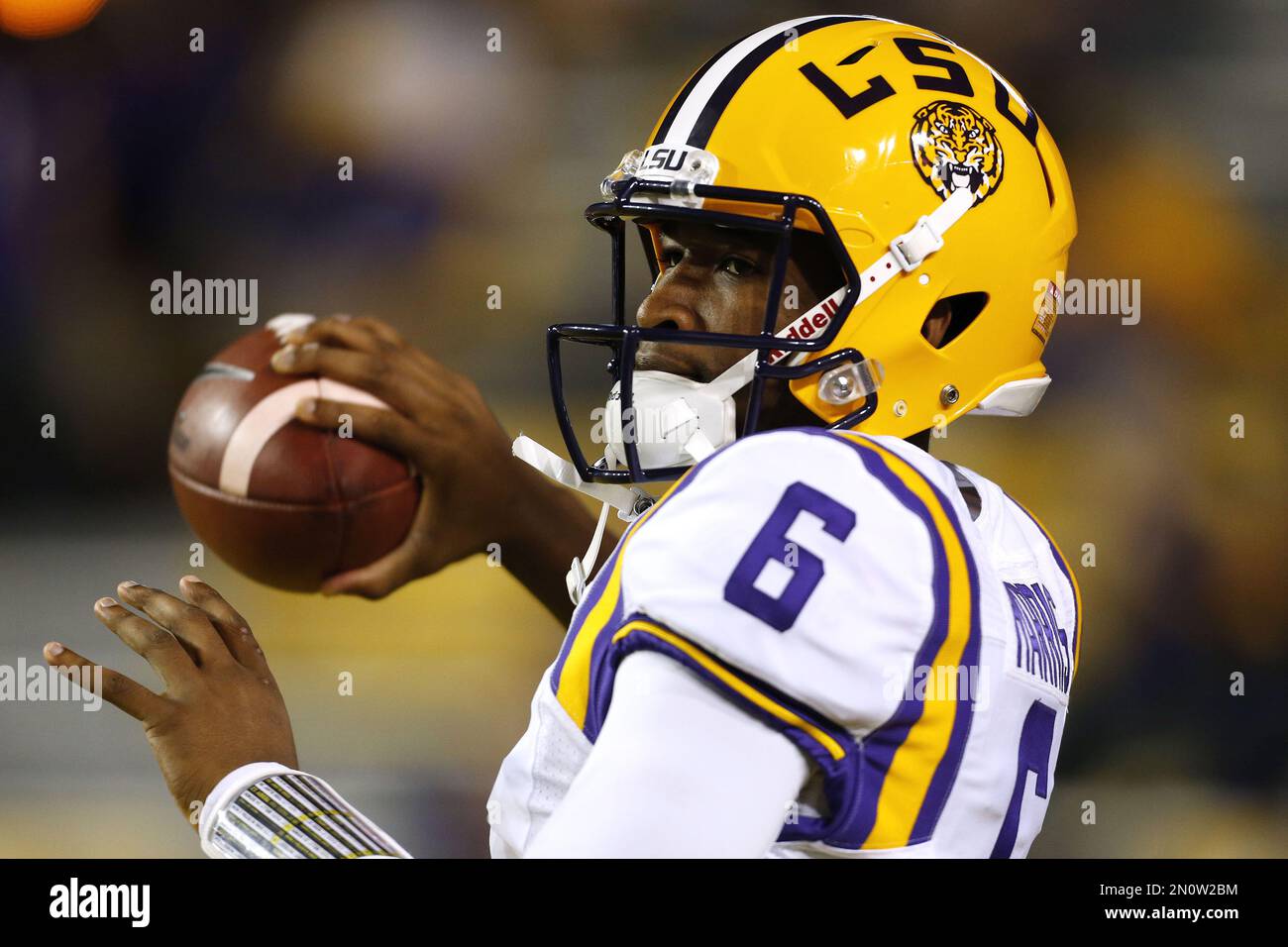 LSU quarterback Brandon Harris (6) warms up before an NCAA college ...