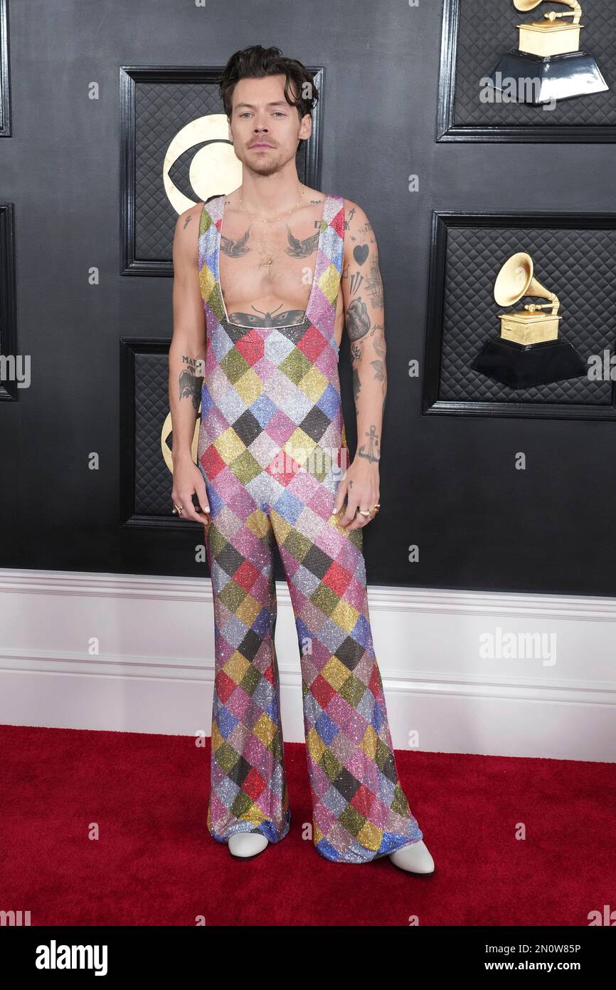 Harry Styles arrives at the 65th annual Grammy Awards on Sunday, Feb. 5 ...