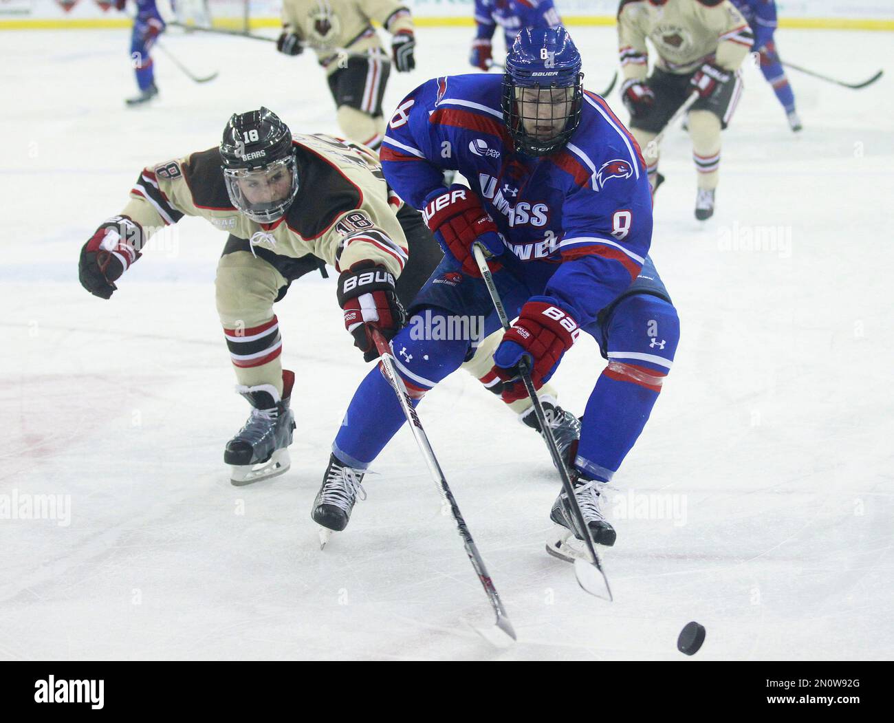 Evan Campbell, right, of University of Massachusetts-Lowell, battles ...