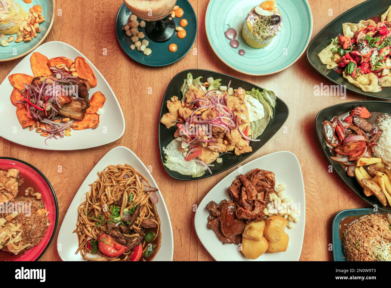 Set of typical Peruvian food recipes, anticuchos, fish jelly, lomo ...