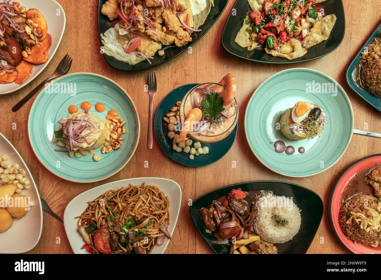 Set of typical Peruvian food recipes, anticuchos, fish jelly, lomo ...