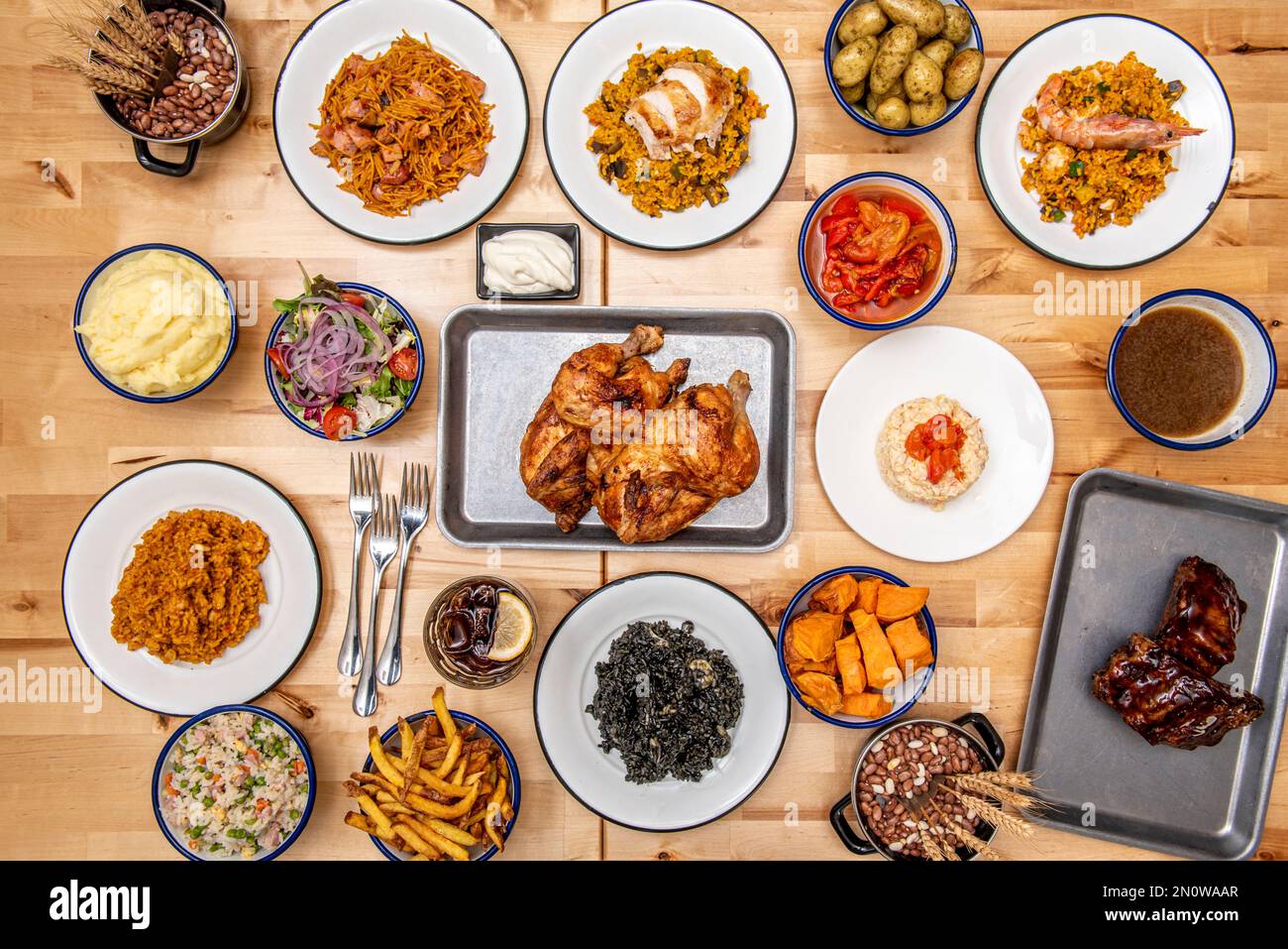 Set of Spanish food and tapas recipes, roast chicken, many types of ...