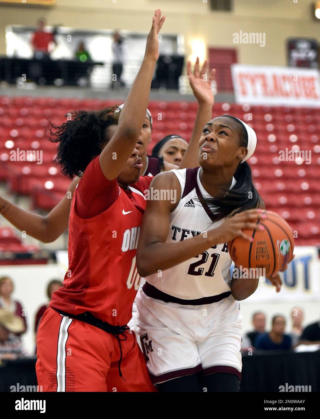 Texas A&M's Jasmine Lumpking (21) looks to shoot against Ohio State's ...