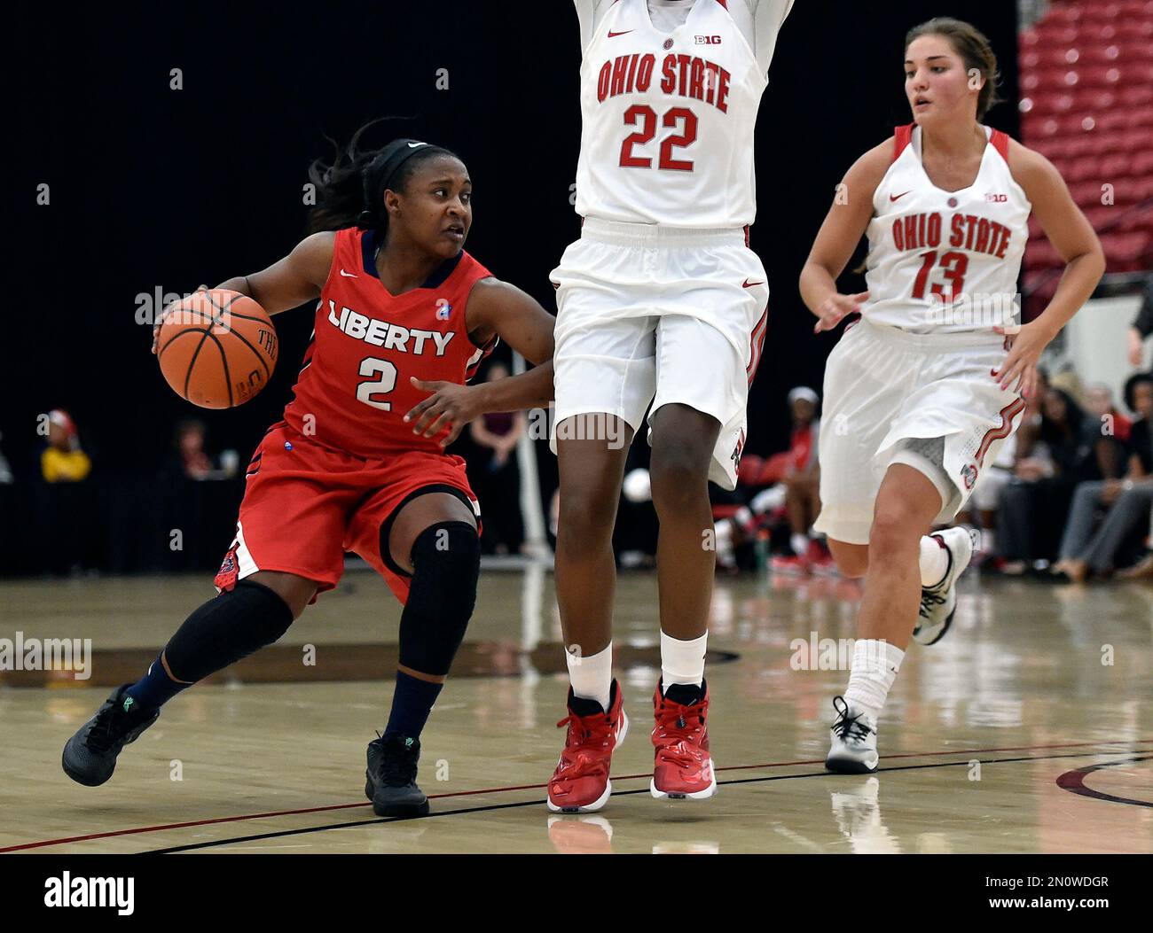 Liberty's Candice Leatherwood (2) drives the ball against Ohio State's ...