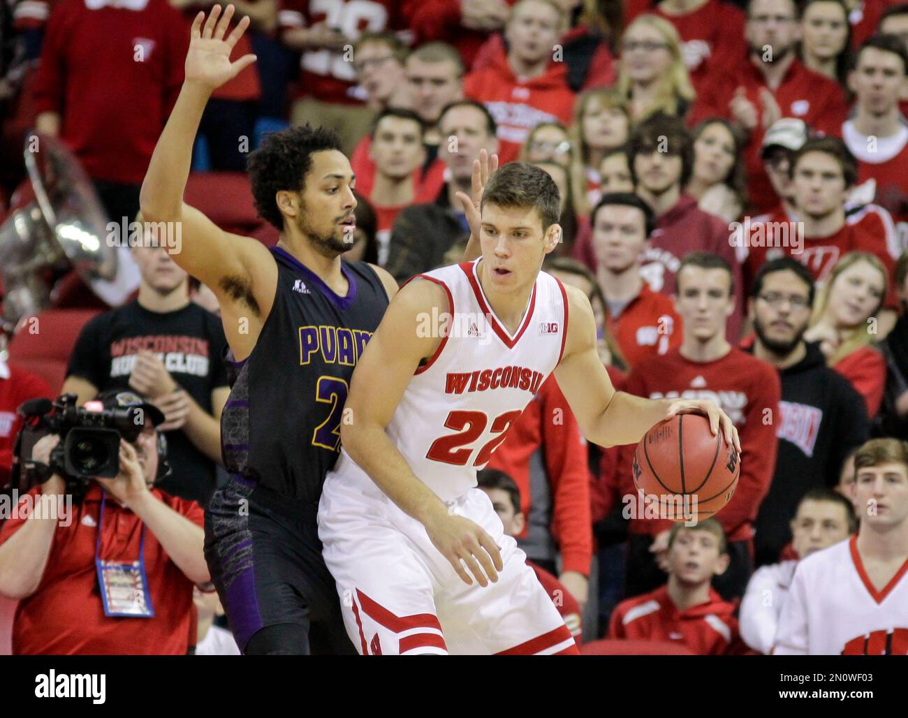 Wisconsin forward Ethan Happ (22) against Prairie View A&M's Admassu ...