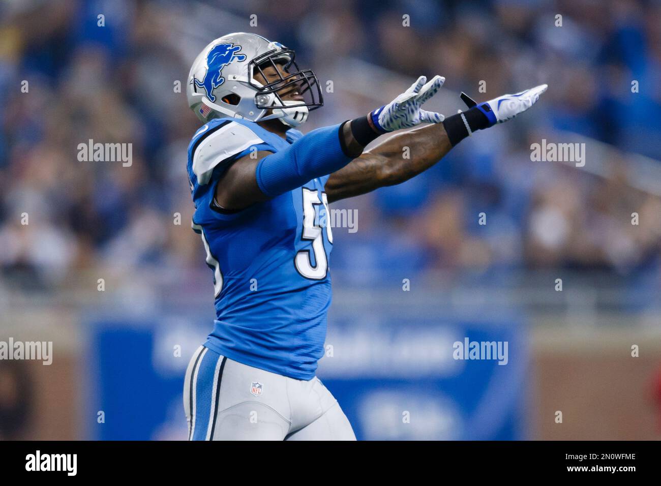 Detroit Lions middle linebacker Tahir Whitehead reacts after the ...