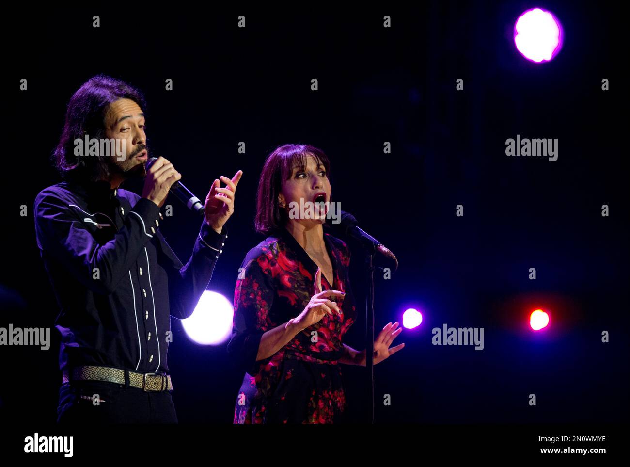 Emmanuel "Meme" del Real, left, of Cafe Tacuba, and Luz Casal perform ...
