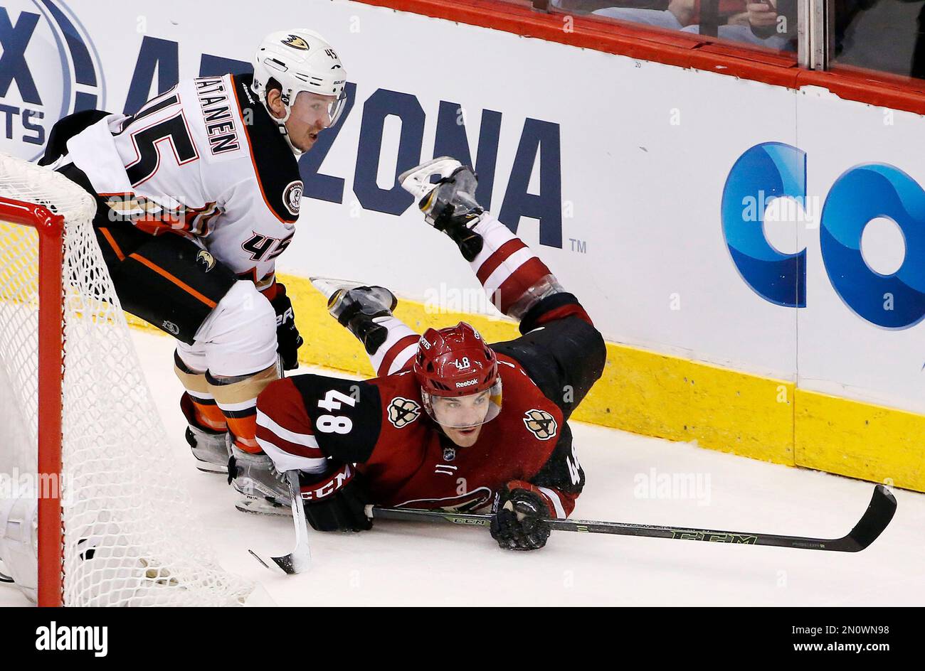 Anaheim Ducks' Sami Vatanen (45), of Finland, sends Arizona Coyotes ...